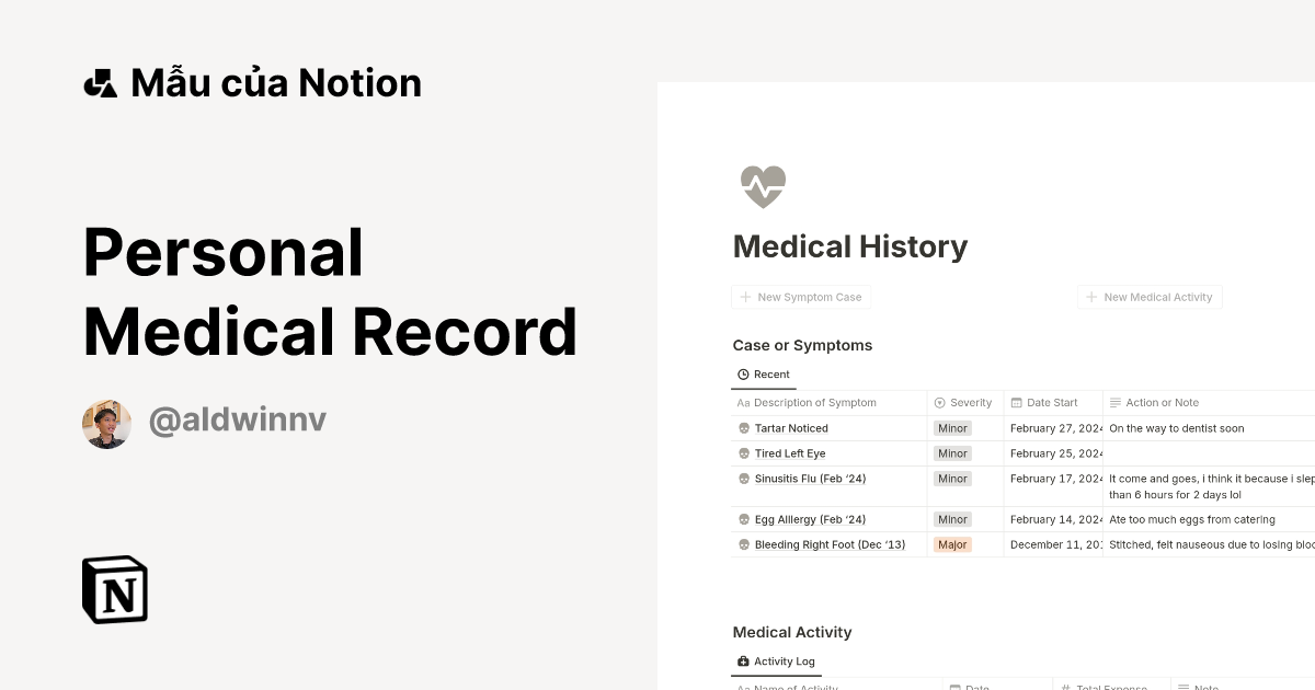 Mẫu Personal Medical Record | Thị trường Notion