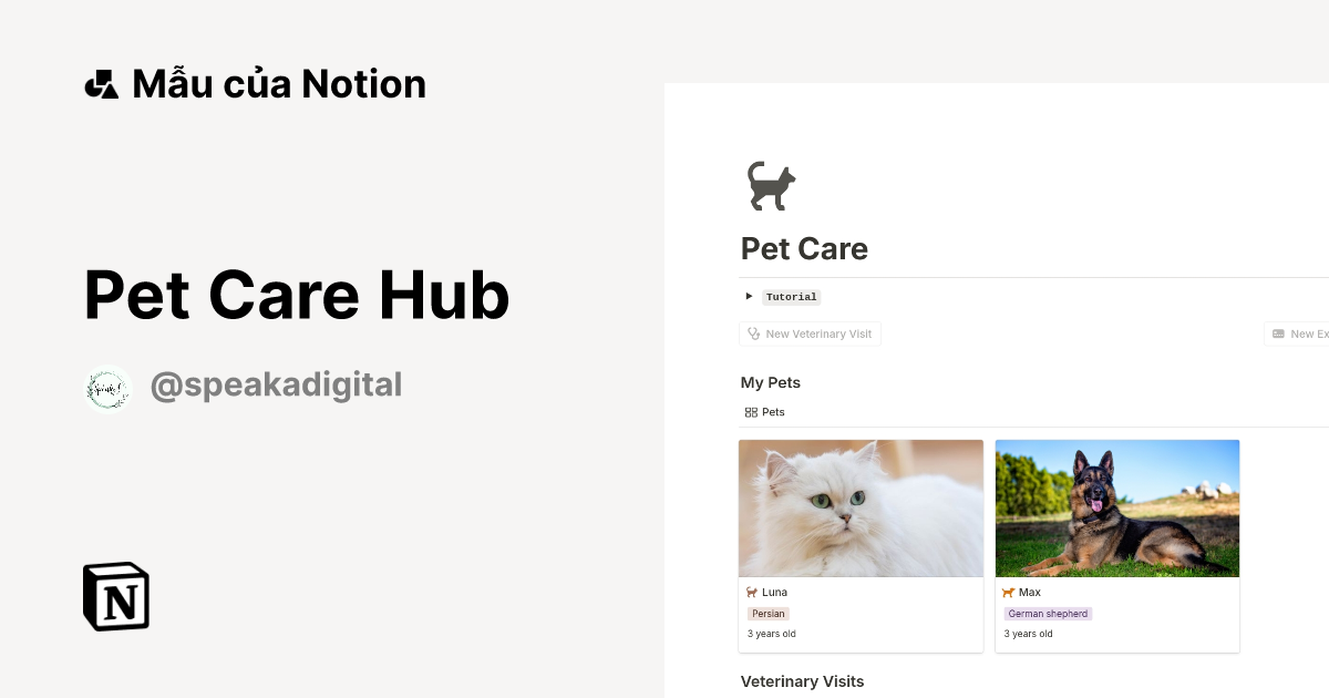 Pet Care Hub Mẫu do SpeakADigital tạo | Thị trường Notion