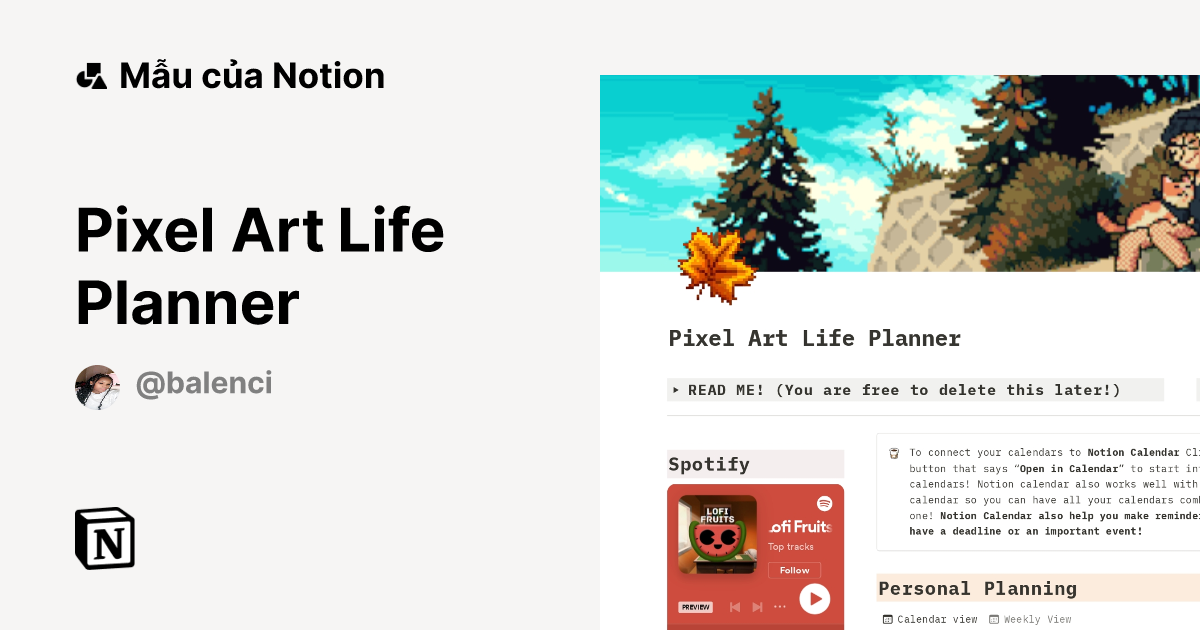 Pixel Art Life Planner Mẫu do Balenci tạo | Thị trường Notion