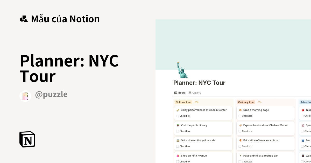 Mẫu Planner: NYC Tour | Thị trường Notion