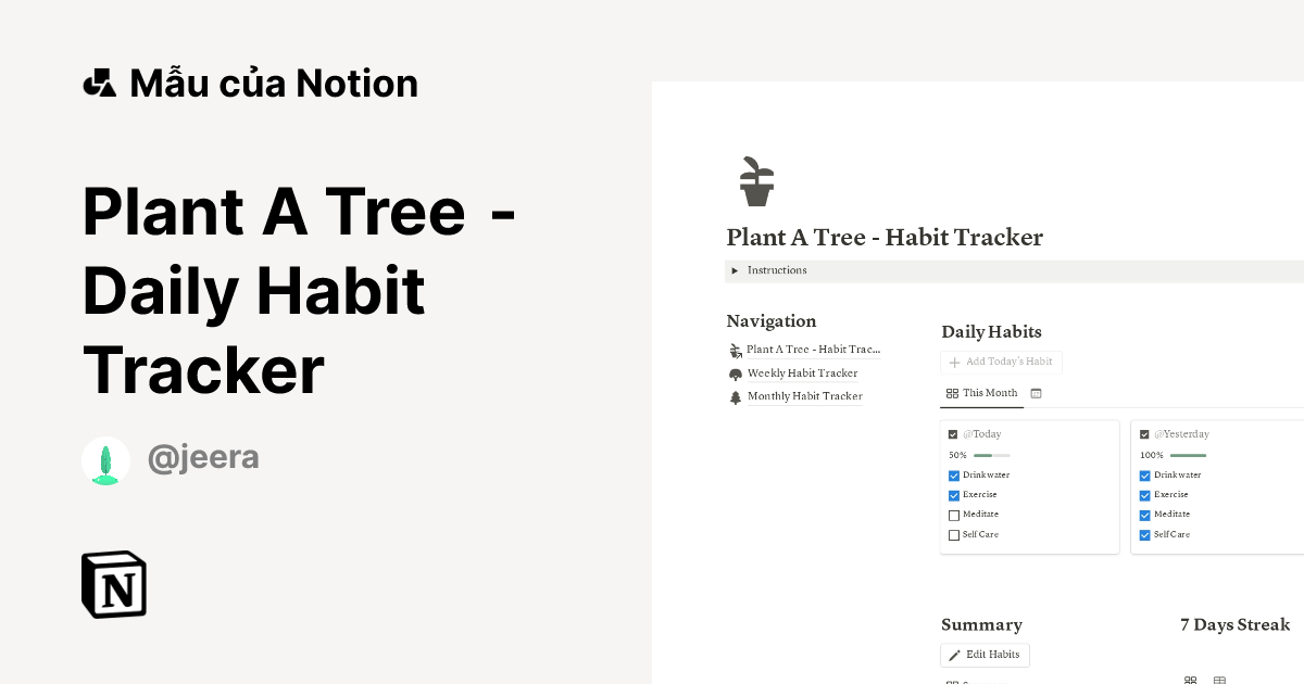 Plant A Tree - Daily Habit Tracker Mẫu do Jeera tạo | Thị trường Notion