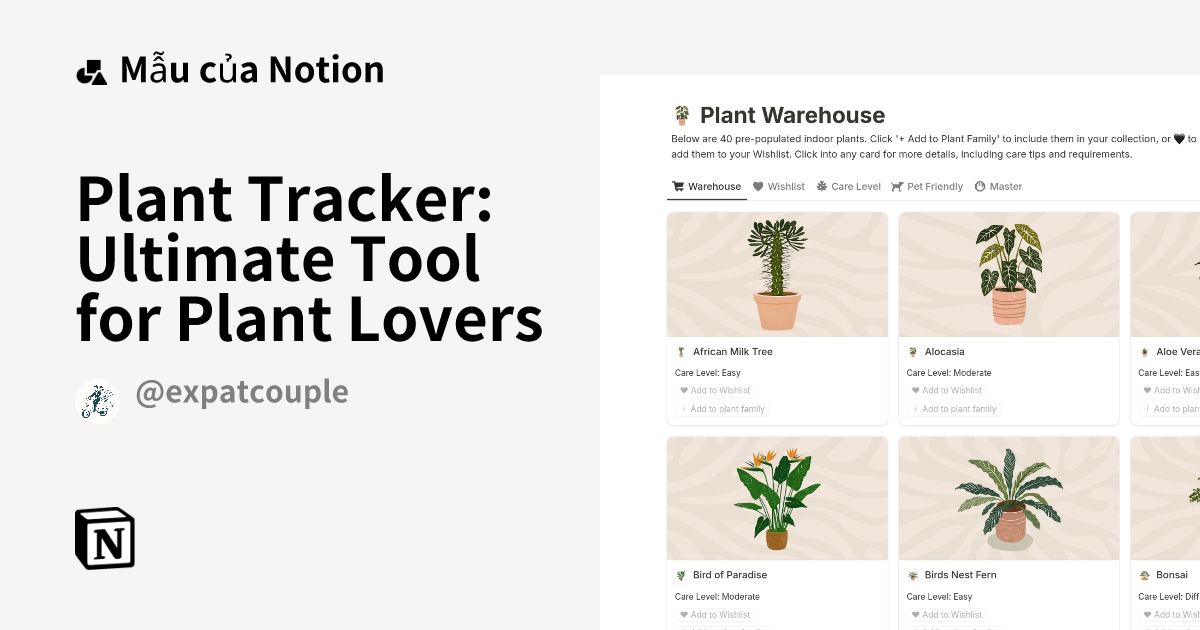 Plant Tracker: Ultimate Tool for Plant Lovers 🌿 Mẫu do Potato Studio tạo | Thị trường Notion