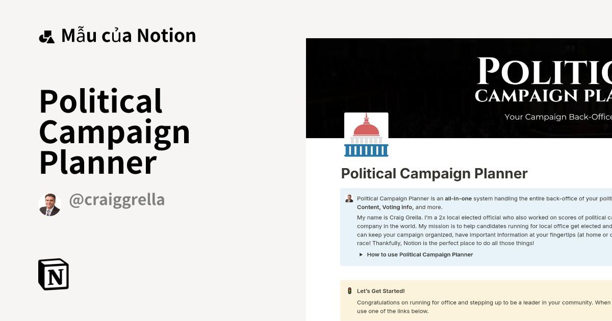 Political Campaign Planner Mẫu do Craig Grella tạo | Thị trường Notion