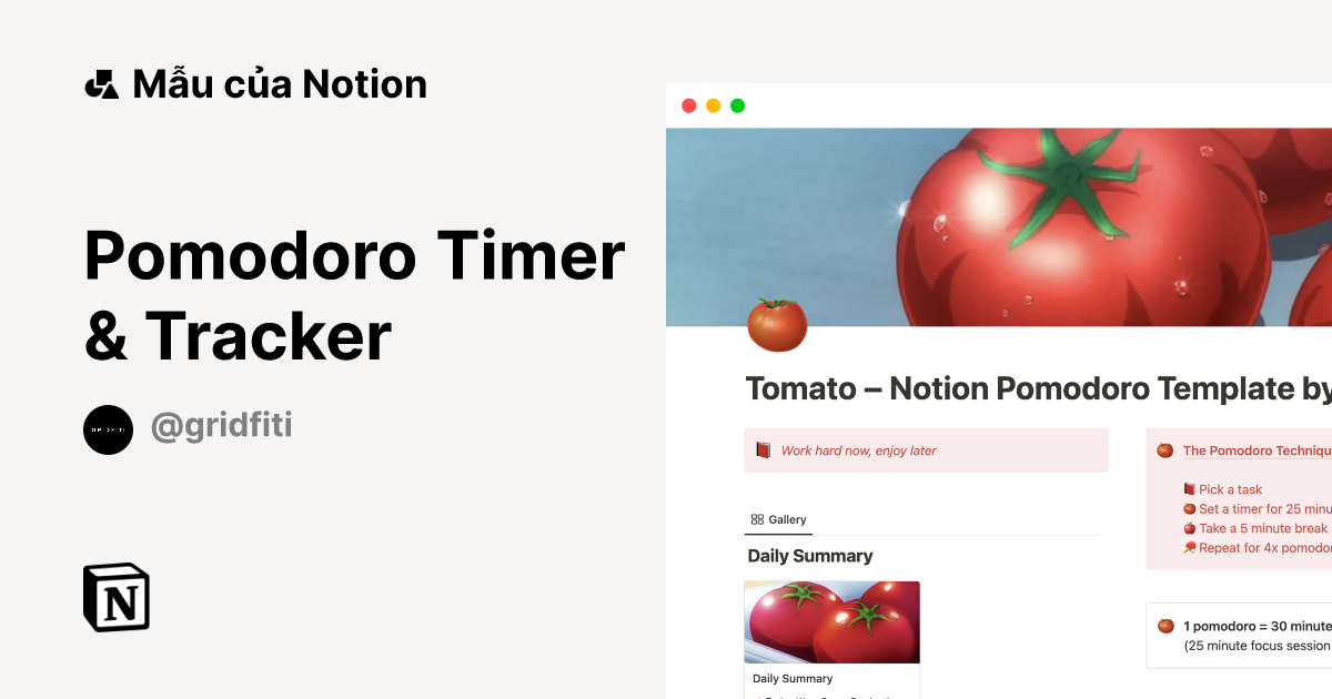 Pomodoro Timer & Tracker Mẫu do Gridfiti tạo | Thị trường Notion