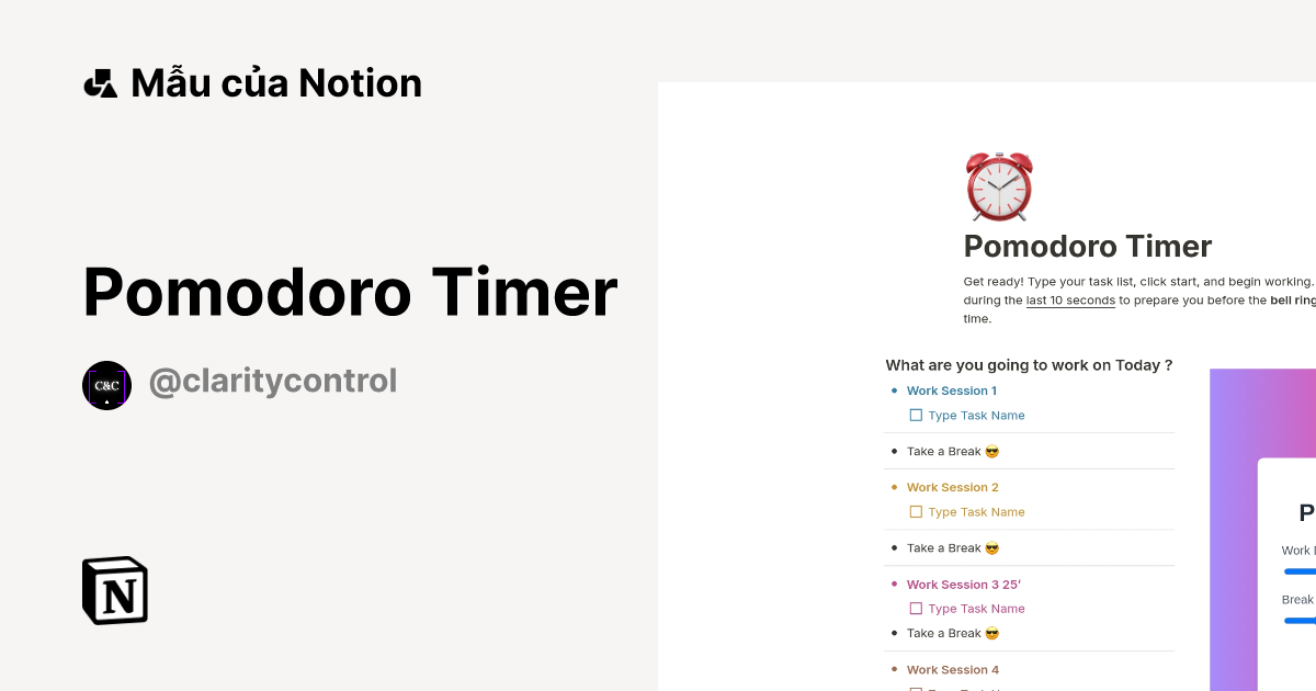 Pomodoro Timer Mẫu do ClarityControl tạo | Thị trường Notion