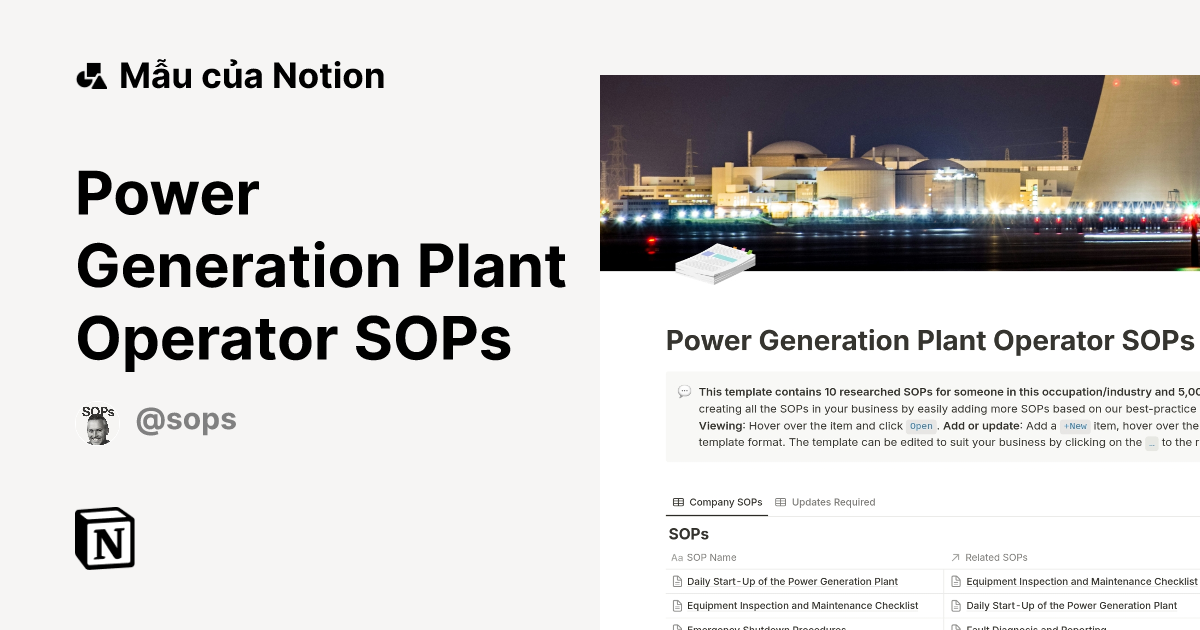 Mẫu Power Generation Plant Operator SOPs | Thị trường Notion