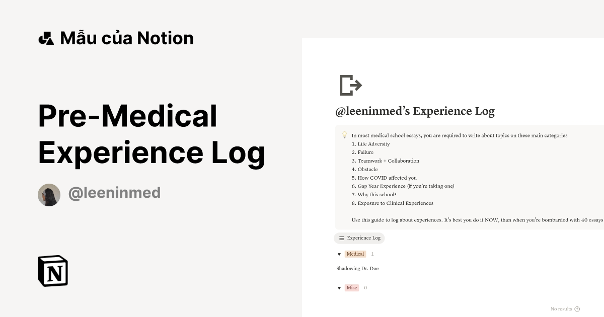 Mẫu Pre-Medical Experience Log | Thị trường Notion