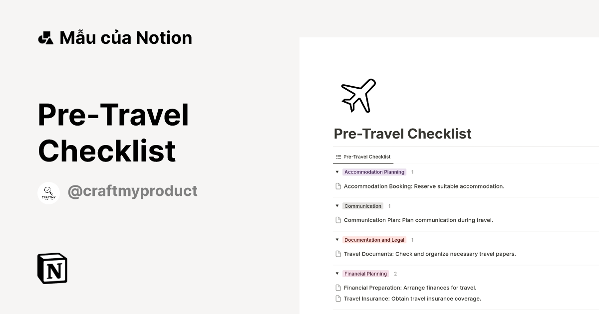 Pre-Travel Checklist Mẫu do CraftMyProduct tạo | Thị trường Notion