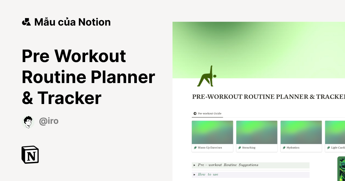 Pre Workout Routine Planner & Tracker Mẫu do Iro tạo | Thị trường Notion