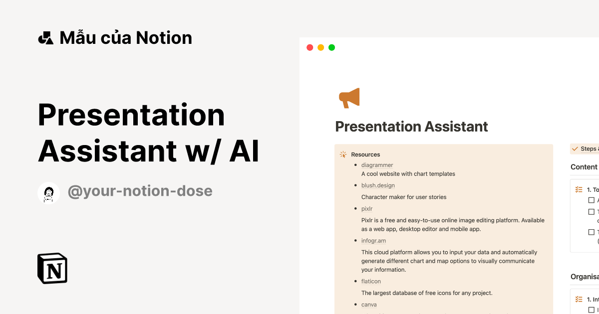 Presentation Assistant w/ AI Mẫu do Your Notion Dose tạo | Thị trường Notion