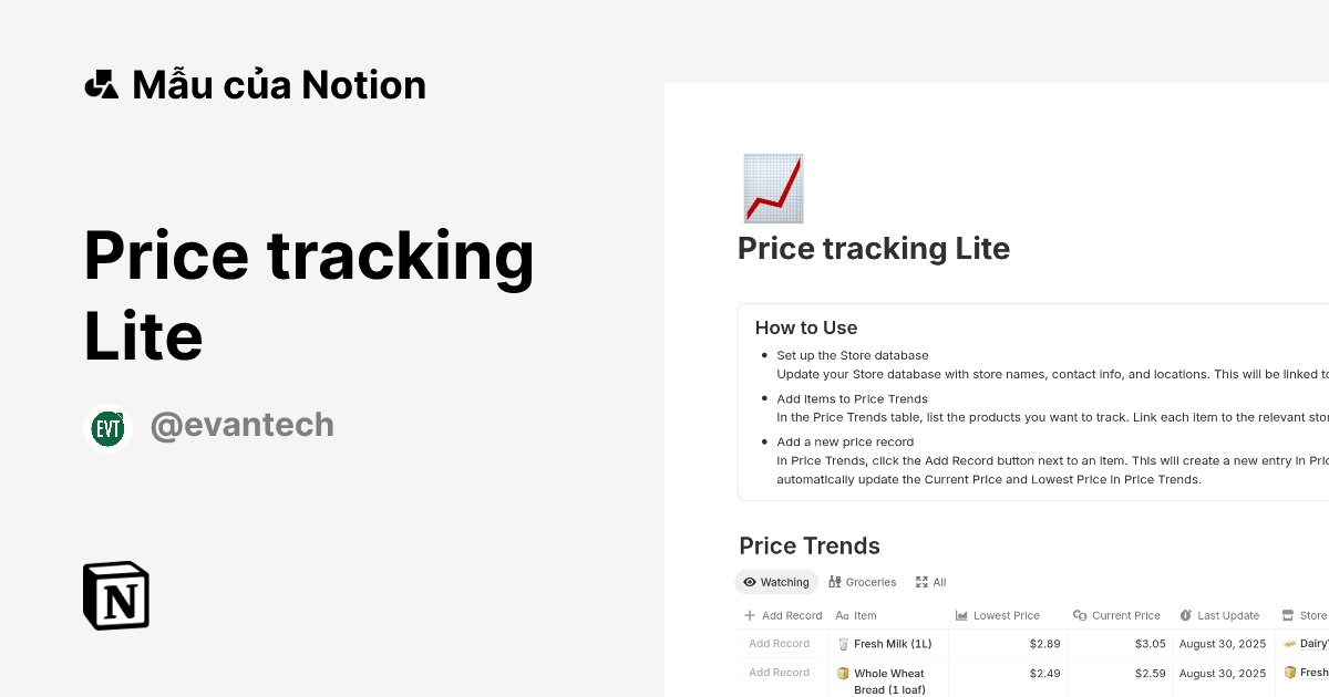 Mẫu Price tracking Lite | Thị trường Notion