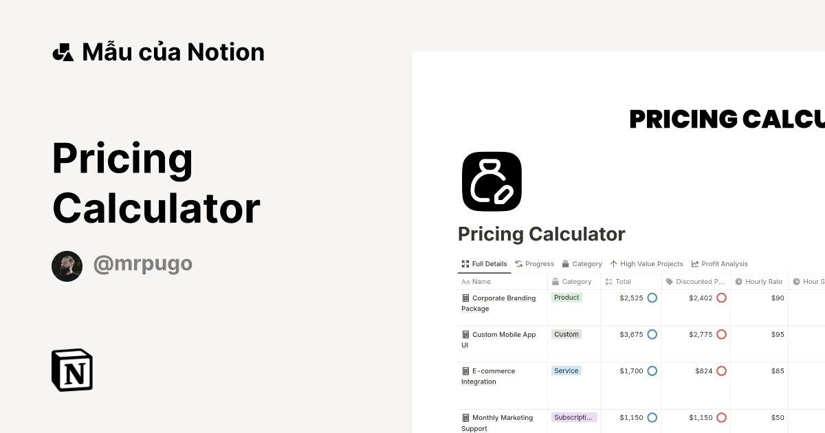 Mẫu Pricing Calculator | Thị trường Notion