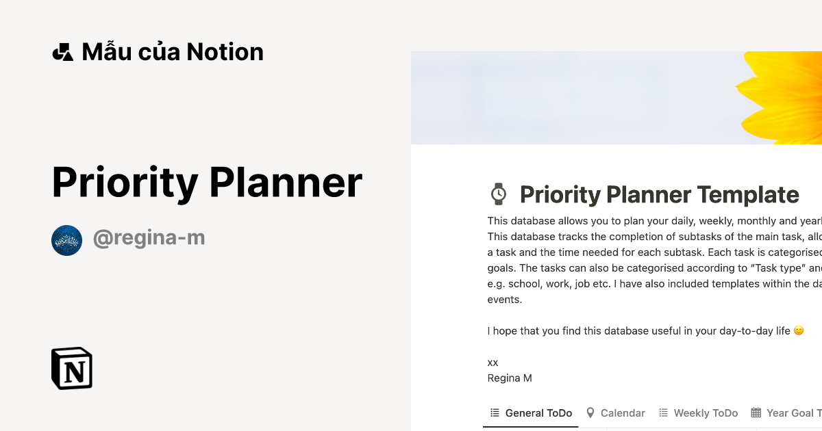Priority Planner Mẫu do Regina M tạo | Thị trường Notion