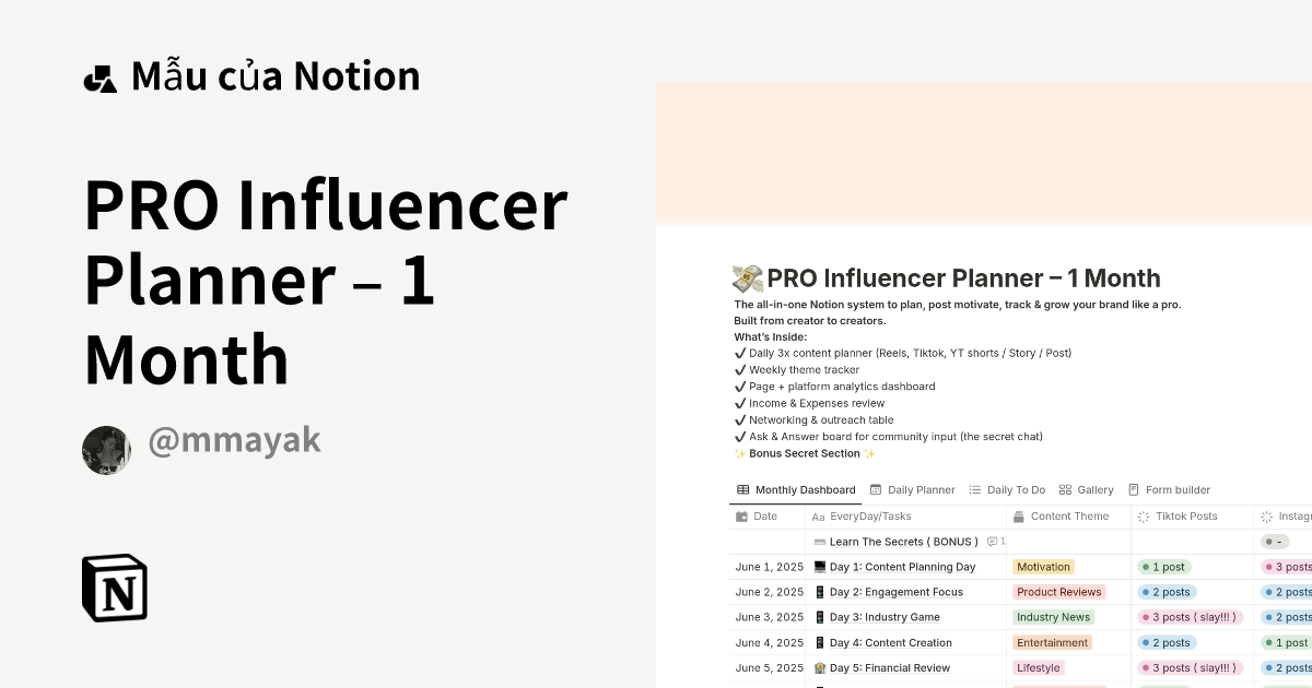 Mẫu PRO Influencer Planner – 1 Month | Thị trường Notion