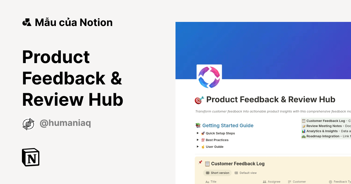 Product Feedback & Review Hub Mẫu do Humaniaq tạo | Thị trường Notion