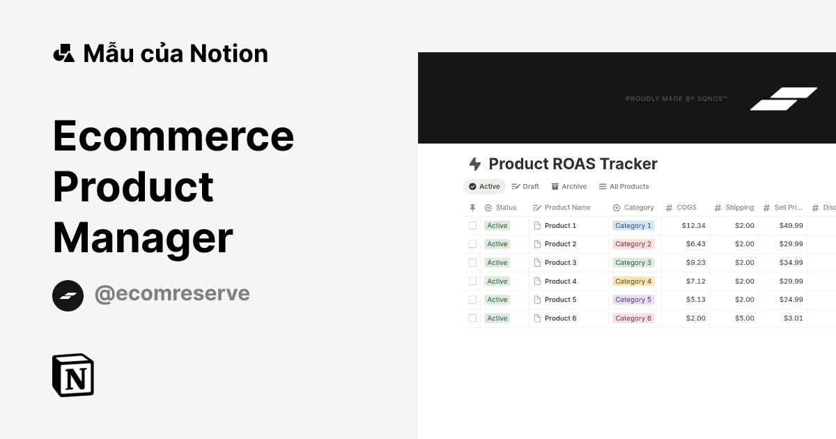 Ecommerce Product Manager Mẫu do SQNCS tạo | Thị trường Notion