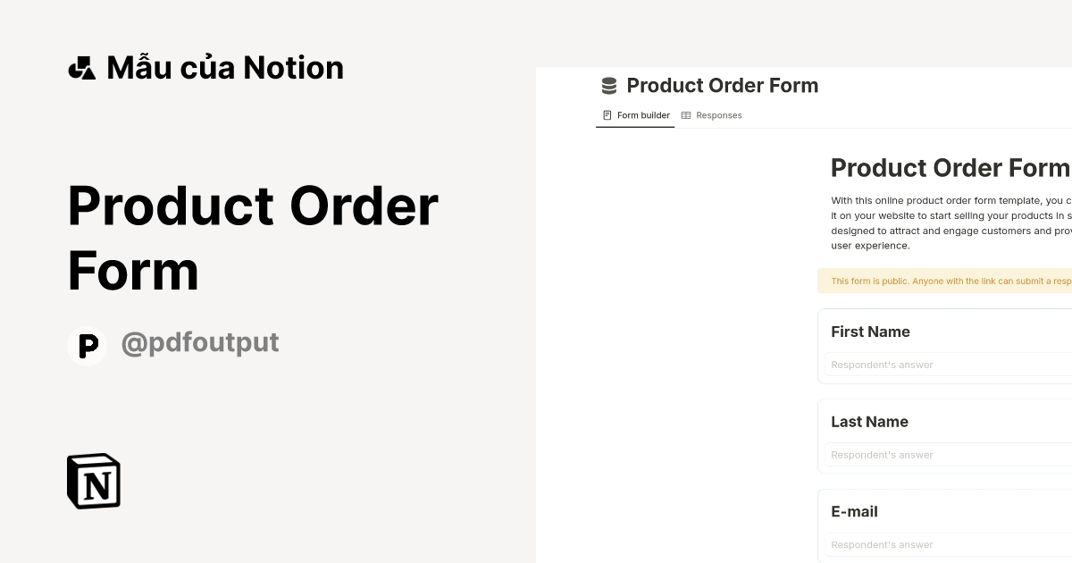 Product Order Form Mẫu do PDFOutput tạo | Thị trường Notion