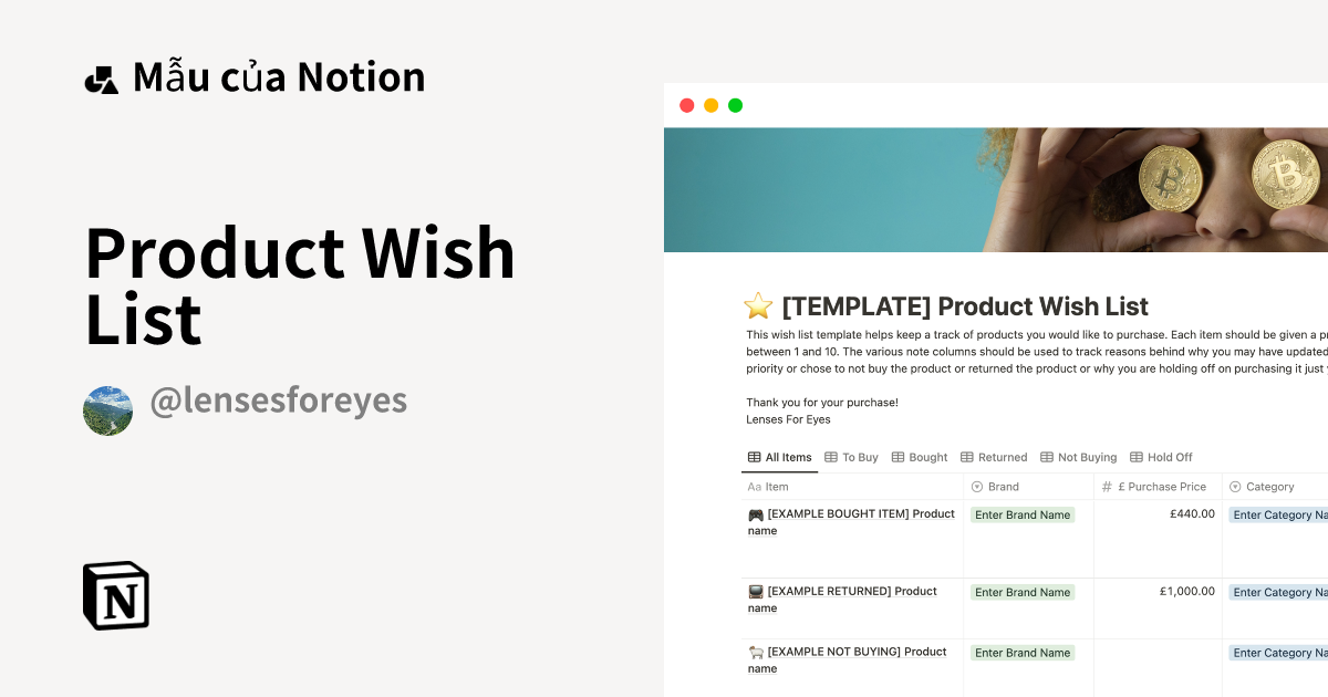 Mẫu Product Wish List | Thị trường Notion