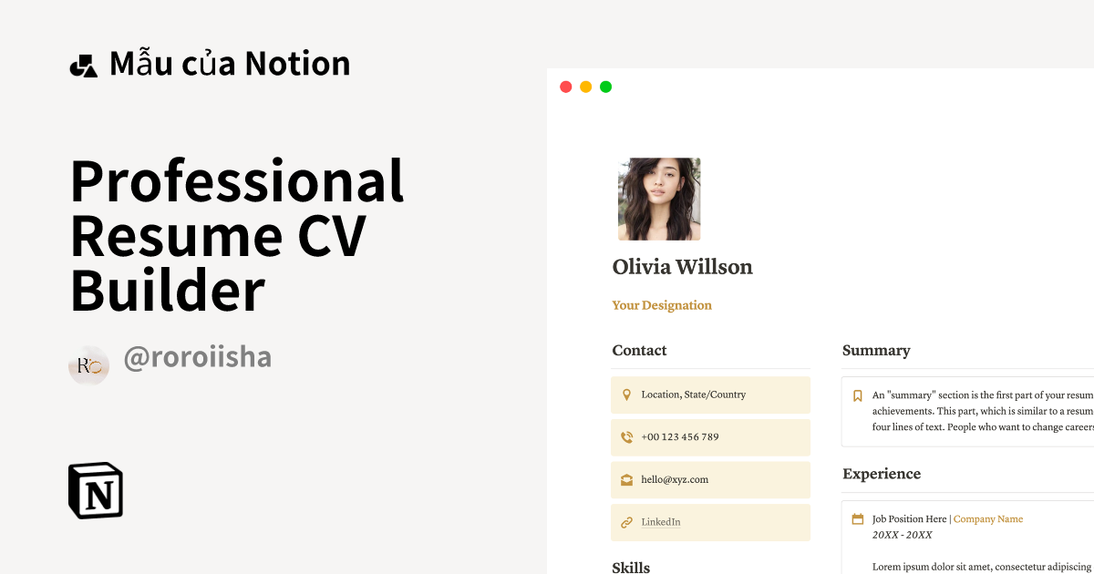 Mẫu Professional Resume CV Builder | Thị trường Notion