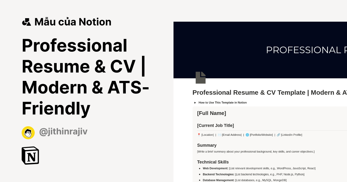 Professional Resume & CV | Modern & ATS-Friendly Mẫu do Jithin Rajiv ...