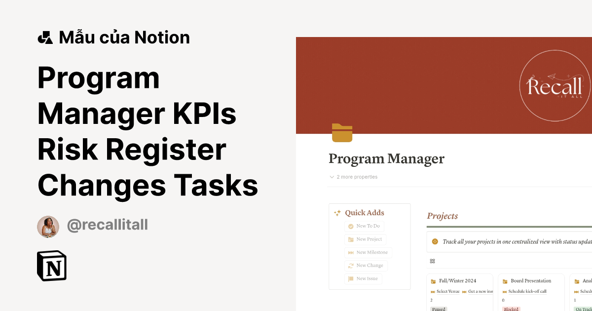 Mẫu Program Manager KPIs Risk Register Changes Tasks | Thị trường Notion