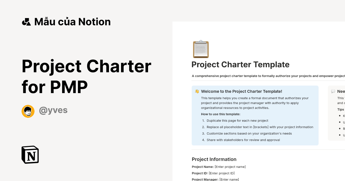 Project Charter for PMP Mẫu do Yves tạo | Thị trường Notion