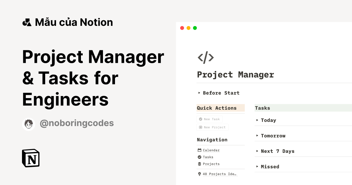 Project Manager & Tasks for Engineers Mẫu do ByLucas tạo | Thị trường Notion