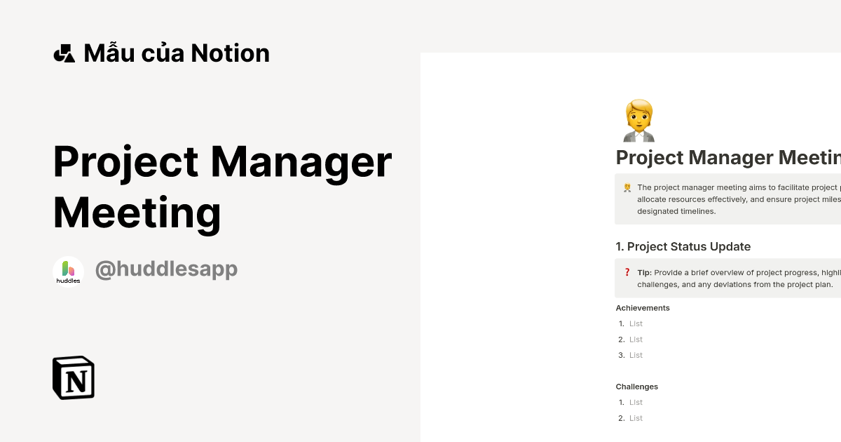 Project Manager Meeting Mẫu do Huddles.app tạo | Thị trường Notion