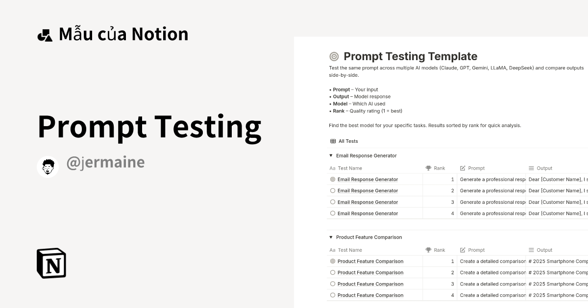 Mẫu Prompt Testing | Thị trường Notion
