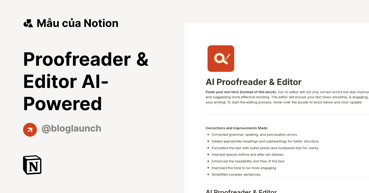Proofreader & Editor AI-Powered Mẫu do Blog Launch tạo | Thị trường Notion