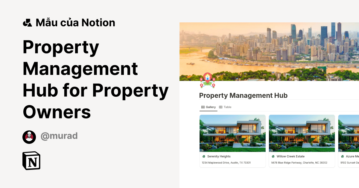 Property Management Hub for Property Owners Mẫu do Murad tạo | Thị trường Notion