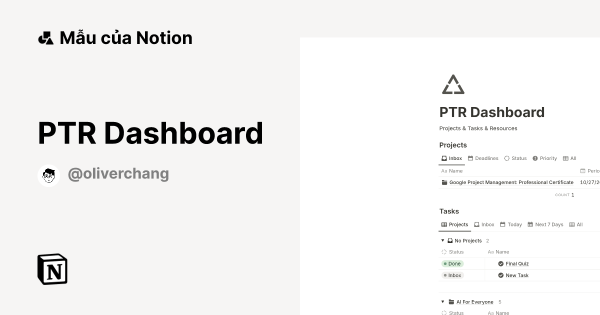 PTR Dashboard Mẫu do Oliver tạo | Thị trường Notion