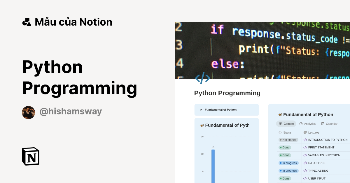 Python Programming Mẫu do Hishamsway tạo | Thị trường Notion