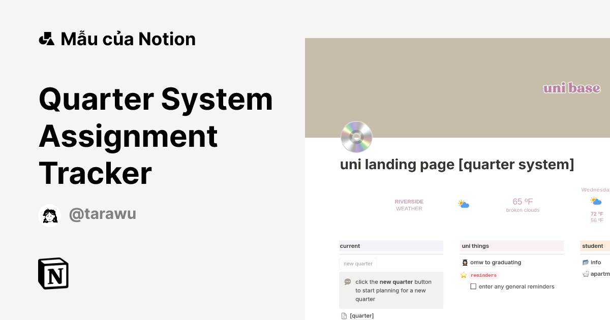 Quarter System Assignment Tracker Mẫu do Tara Wu tạo | Thị trường Notion