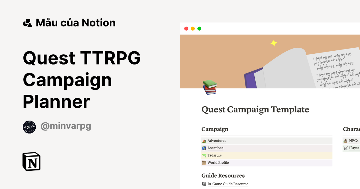 Quest TTRPG Campaign Planner Mẫu do Minva Tabletop Design Co tạo | Thị trường Notion
