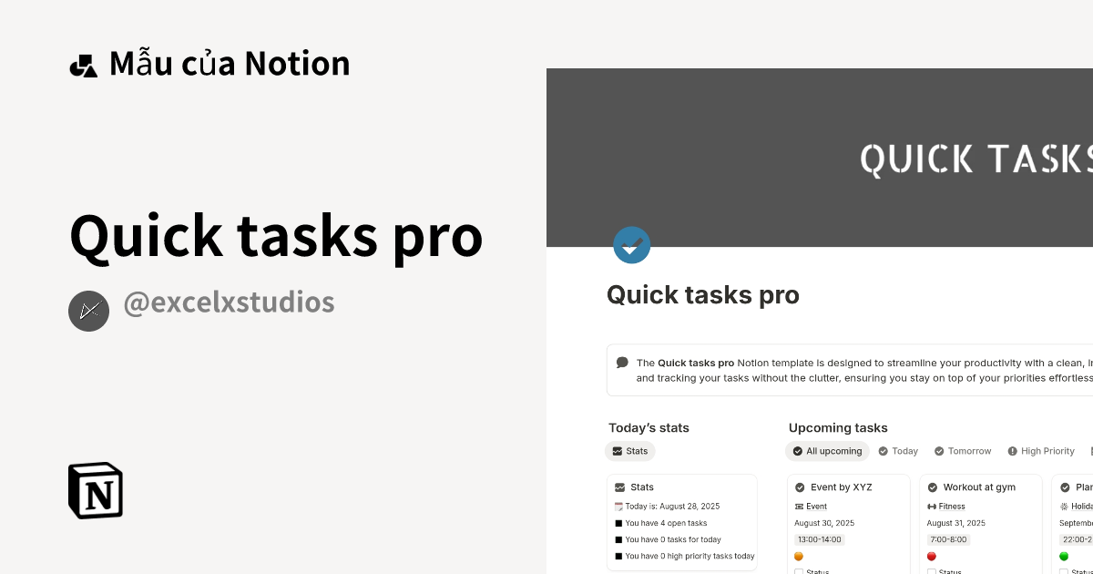 Mẫu Quick tasks pro | Thị trường Notion