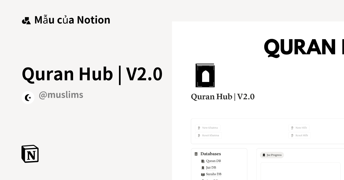 Quran Hub | V2.0 Mẫu do Muslims Hub tạo | Thị trường Notion