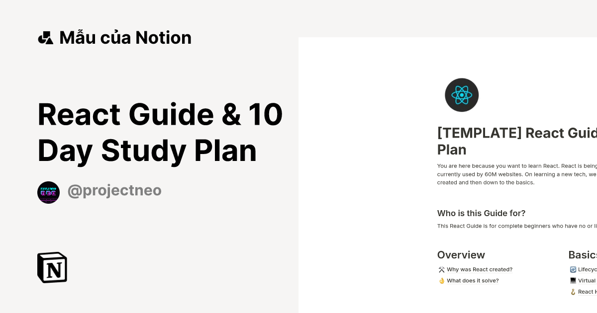 React Guide & 10 Day Study Plan Mẫu do Project Neo tạo | Thị trường Notion