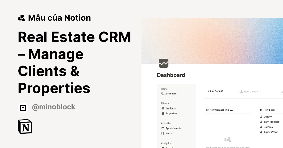 Mẫu Real Estate CRM – Manage Clients & Properties | Thị trường Notion