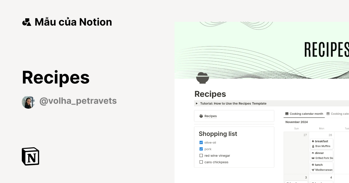 Mẫu Recipes | Thị trường Notion