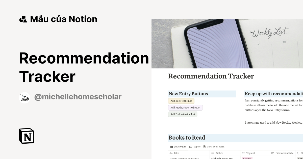 Recommendation Tracker Mẫu do Michelle Home Scholar tạo | Thị trường Notion