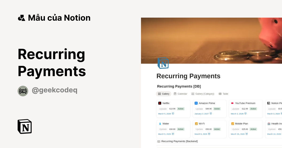 Mẫu Recurring Payments | Thị trường Notion