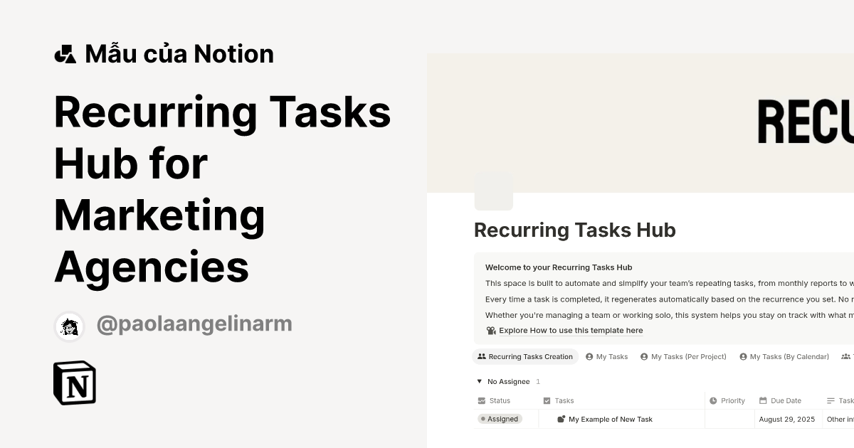 Mẫu Recurring Tasks Hub for Marketing Agencies | Thị trường Notion