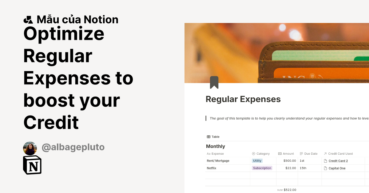 Mẫu Optimize Regular Expenses to boost your Credit | Thị trường Notion