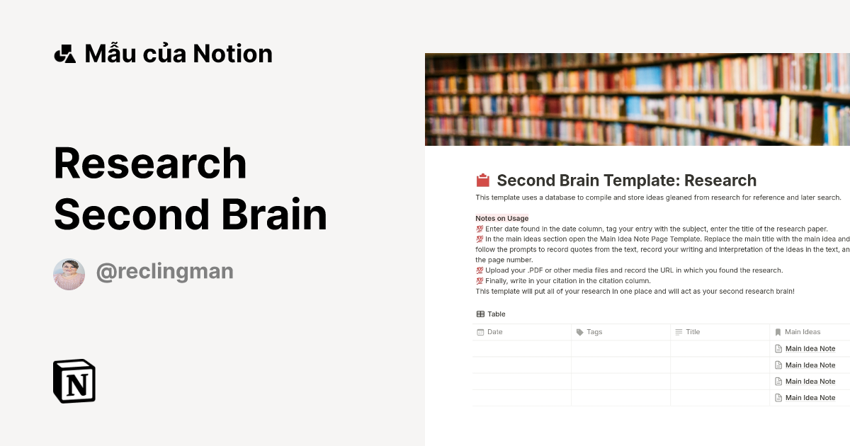 Research Second Brain Mẫu do ReClingman tạo | Thị trường Notion