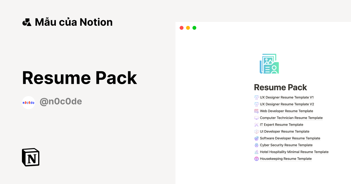 Resume Pack Mẫu do n0c0de tạo | Thị trường Notion
