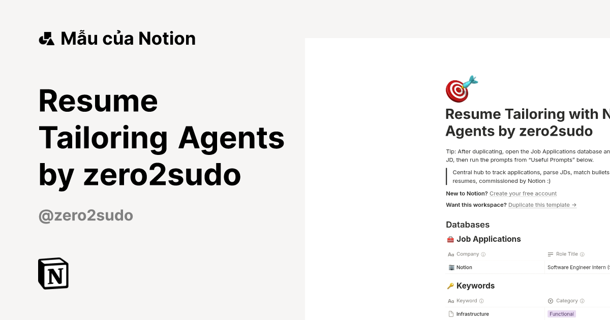 Mẫu Resume Tailoring Agents by zero2sudo | Thị trường Notion