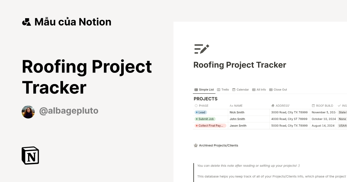Mẫu Roofing Project Tracker | Thị trường Notion