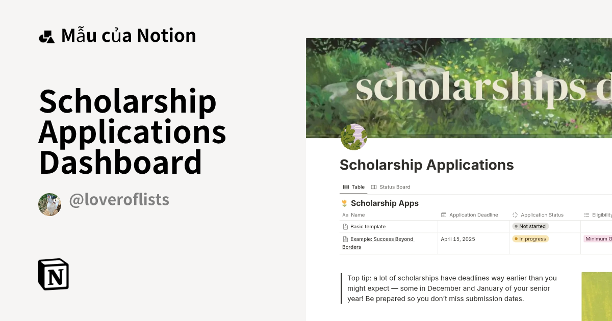 Scholarship Applications Dashboard Mẫu do Quinn tạo | Thị trường Notion