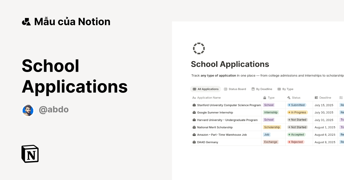 Mẫu School Applications | Thị trường Notion